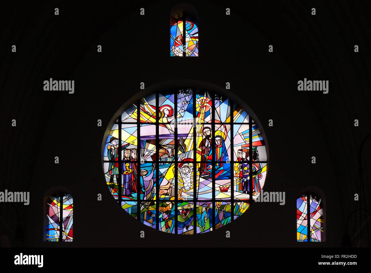 Nativity Scene, stained glass window in the Saint Lawrence church in ...