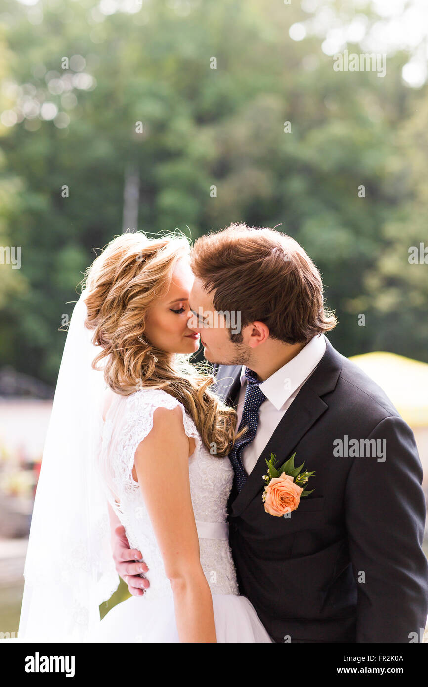 Beautiful wedding couple in park. They kiss and hug each other Stock ...