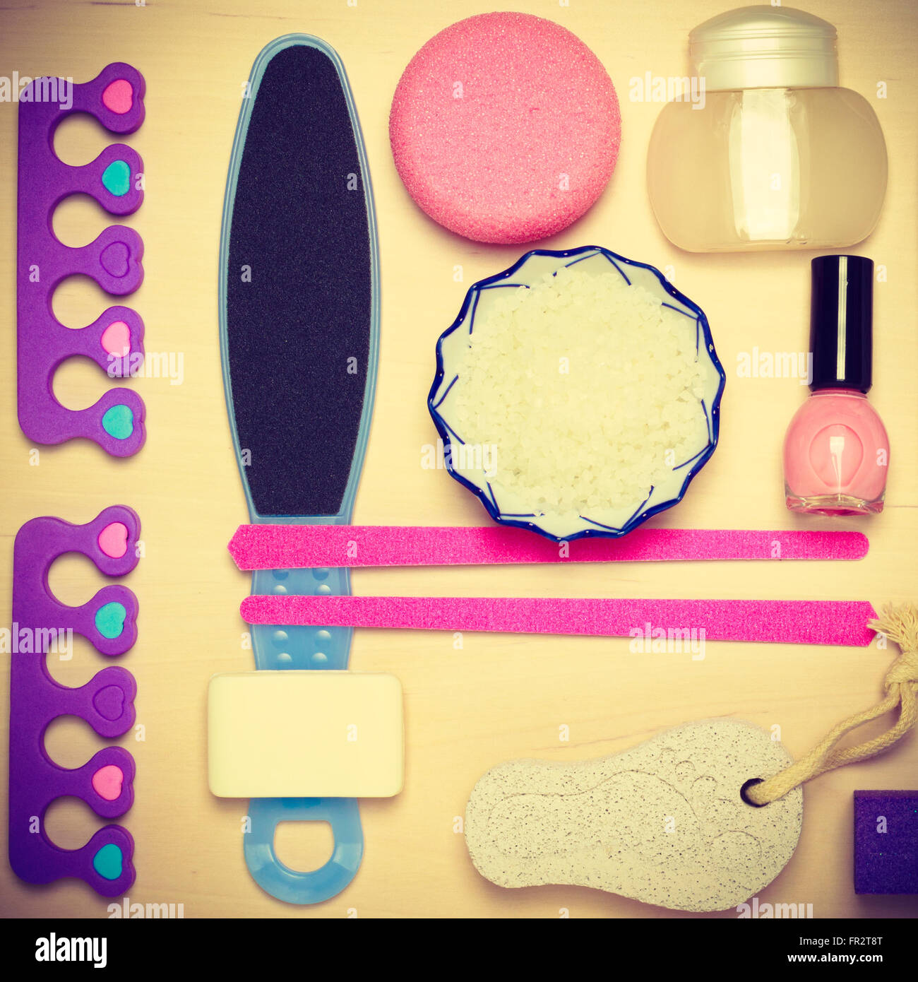 Foot care. Pedicure accessories set tools top view Stock Photo - Alamy