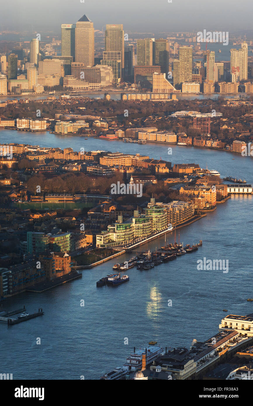 London Docklands aerial view, River Thames, Docklands and Canary Wharf ...