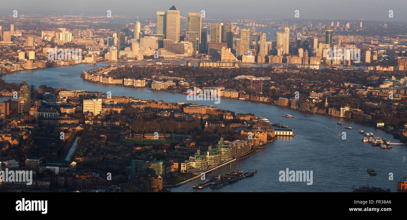 London Docklands aerial view, River Thames, Docklands and Canary Wharf ...