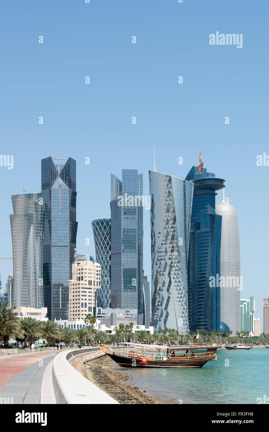 View along waterfront of Corniche towards modern office towers in West ...