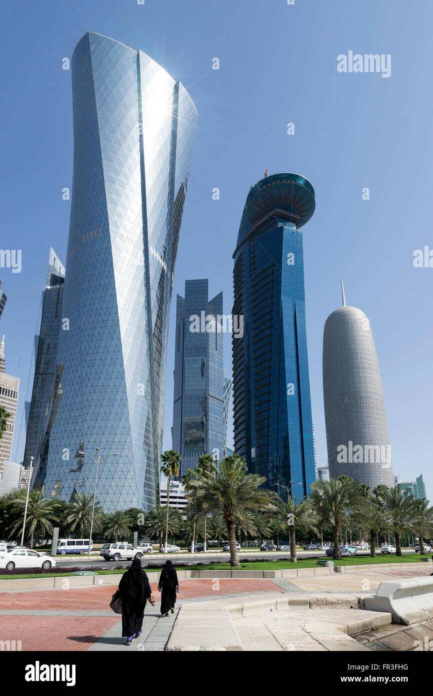 View along waterfront of Corniche towards modern office towers in West ...