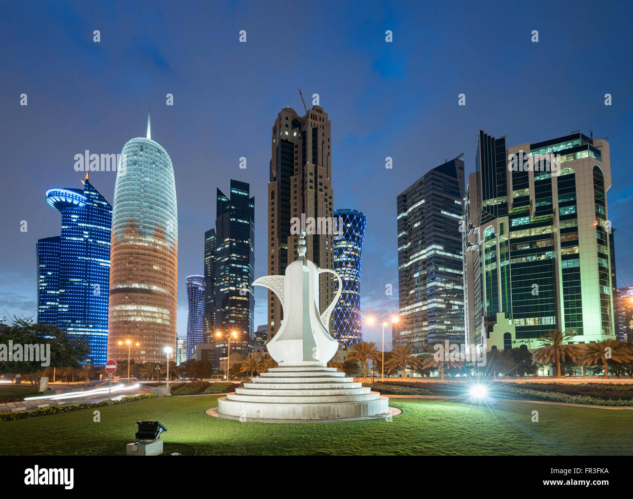 Night view of modern office towers in West Bay financial and business ...