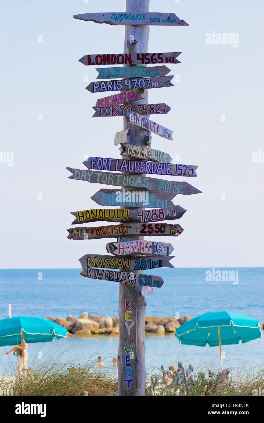 A signpost at a Key West, Florida, beach pointing towards places around ...