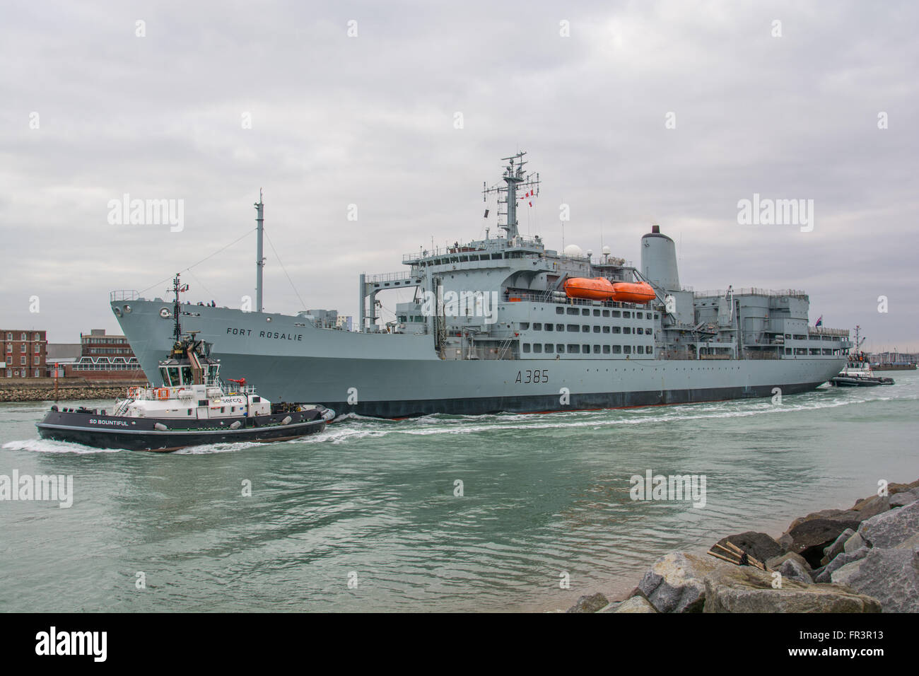 Royal Fleet Auxiliary Fort Rosalie (A385) departing Portsmouth Naval ...