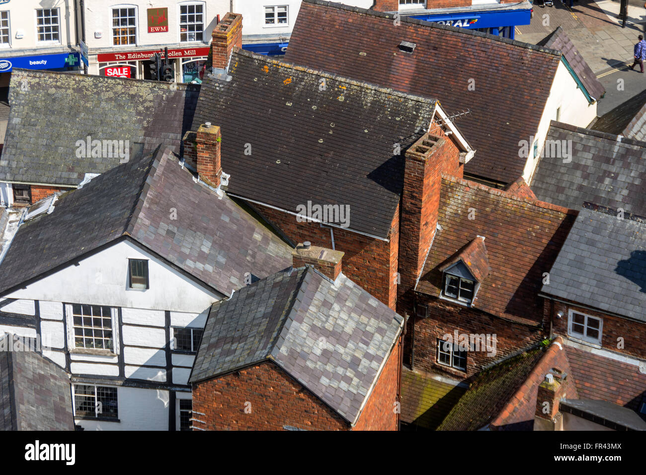A cluster of roof tops, looking down from the tower of the Parish ...