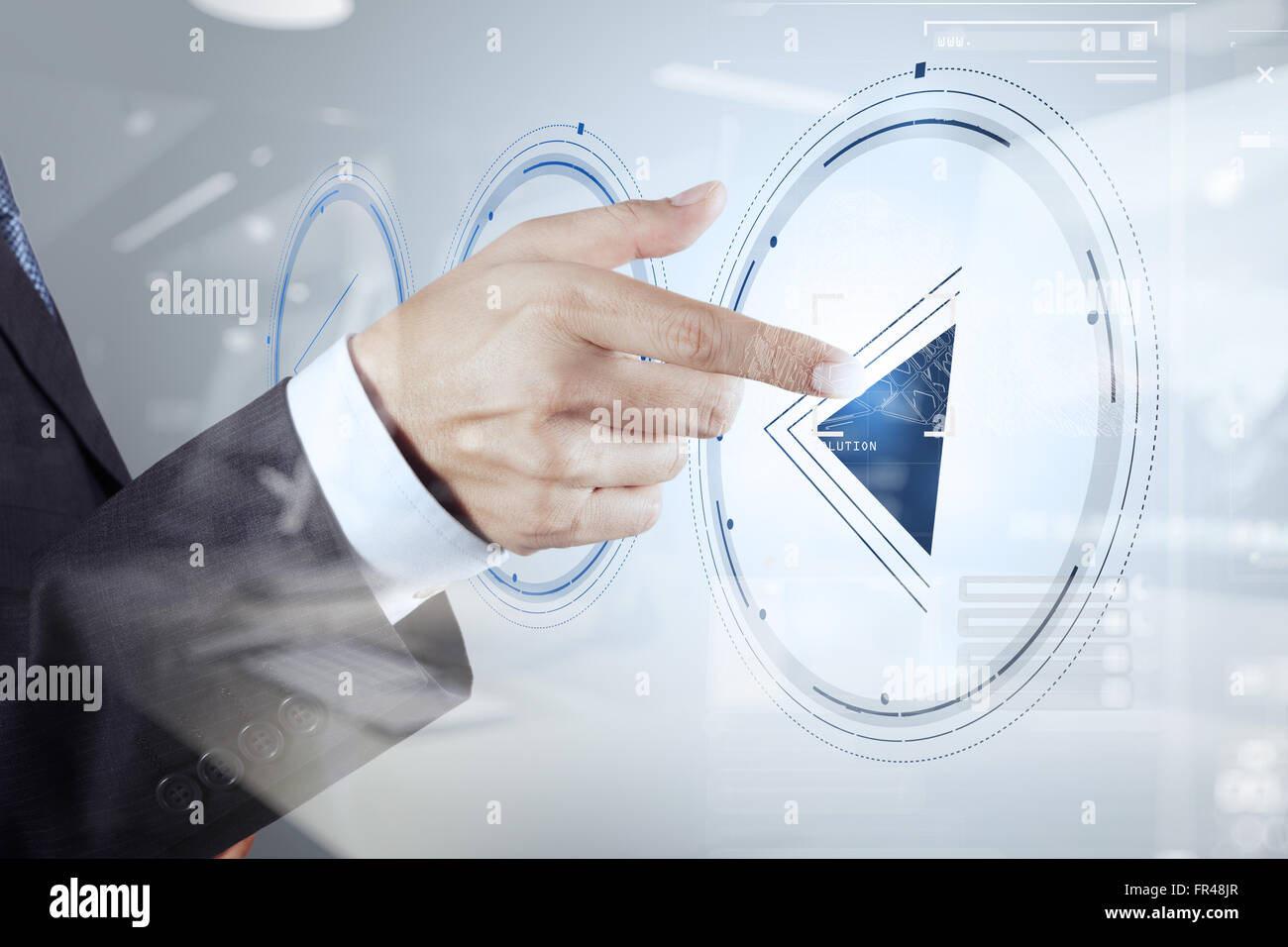 double exposure of businessman hand press play button sign to start or ...