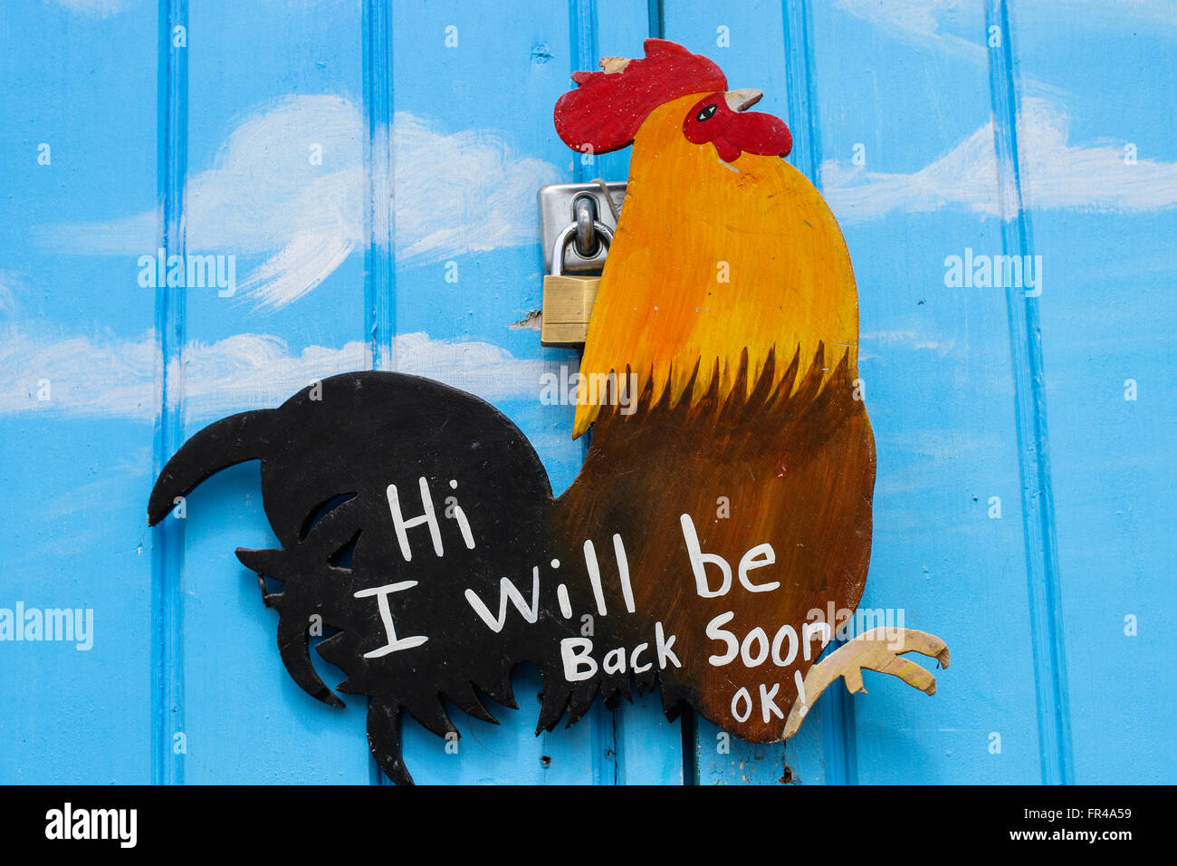 Rooster return back soon sign Stock Photo - Alamy