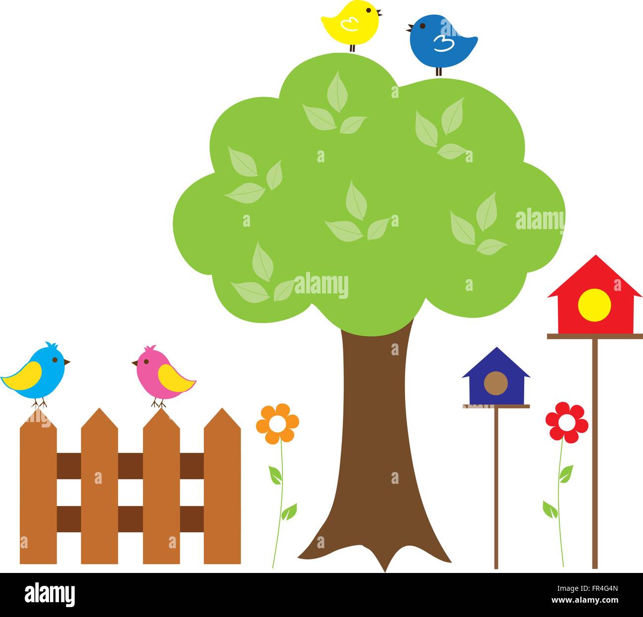 vector illustration of colorful picture of birds, bird houses, tree ...