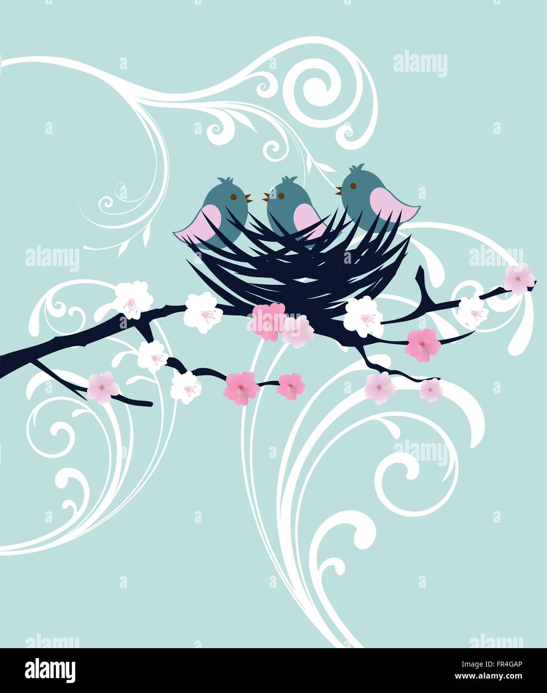 vector illustration of bird nest with floral branches Stock Vector ...