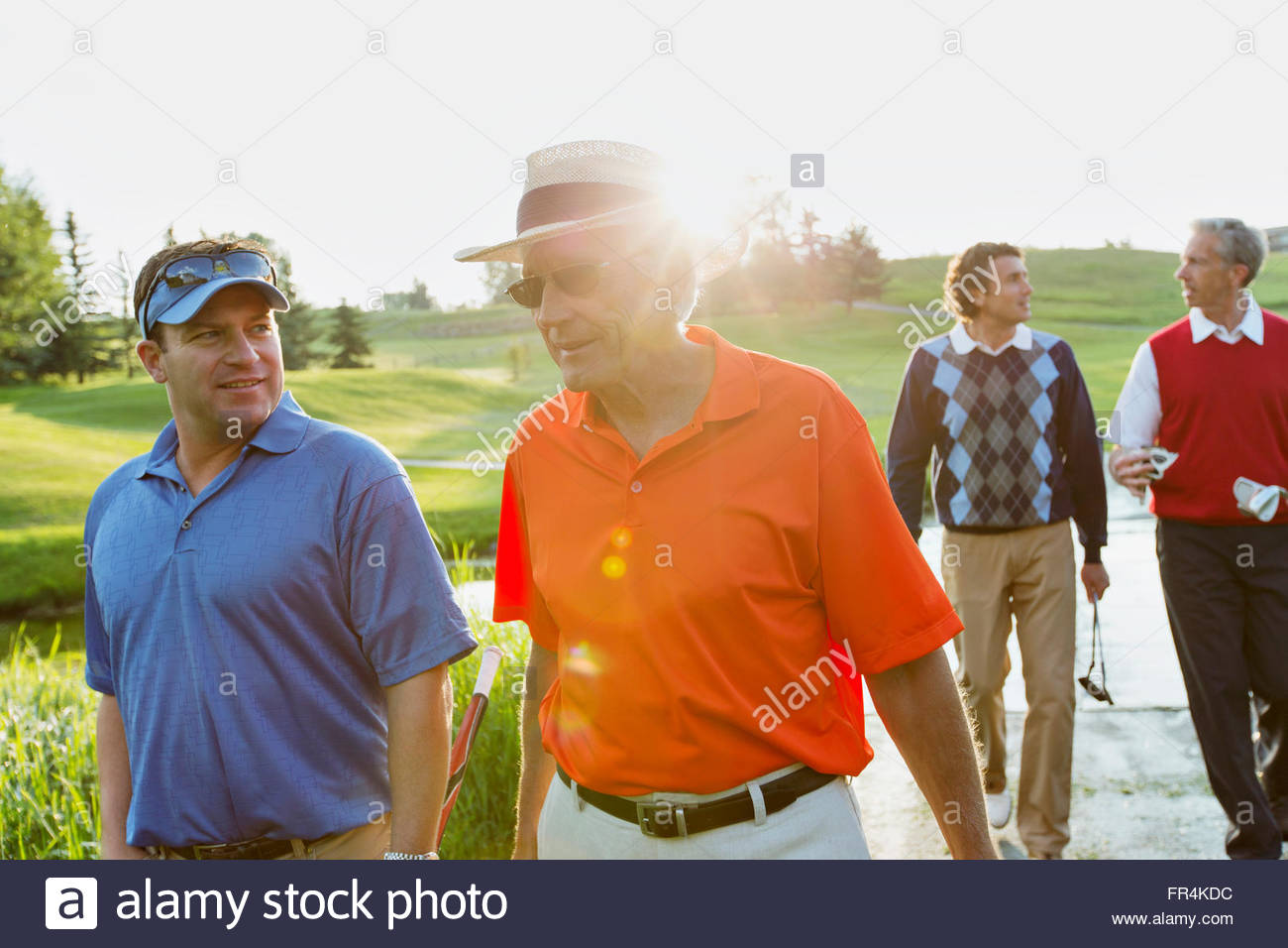 foursome of golfers walking on fairway Stock Photo - Alamy