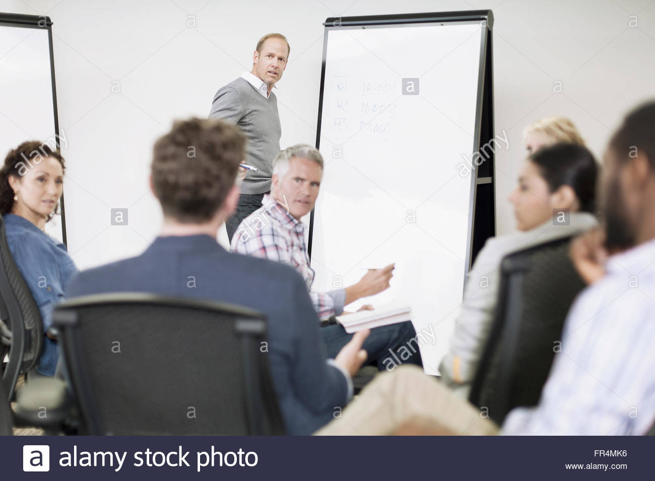 leader of presentation taking question from the group Stock Photo - Alamy