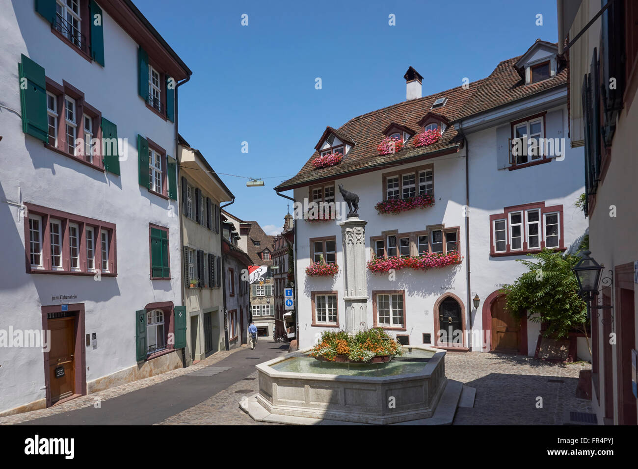 Gemsberg fountain and medieval houses in Basel, Switzerland Stock Photo ...