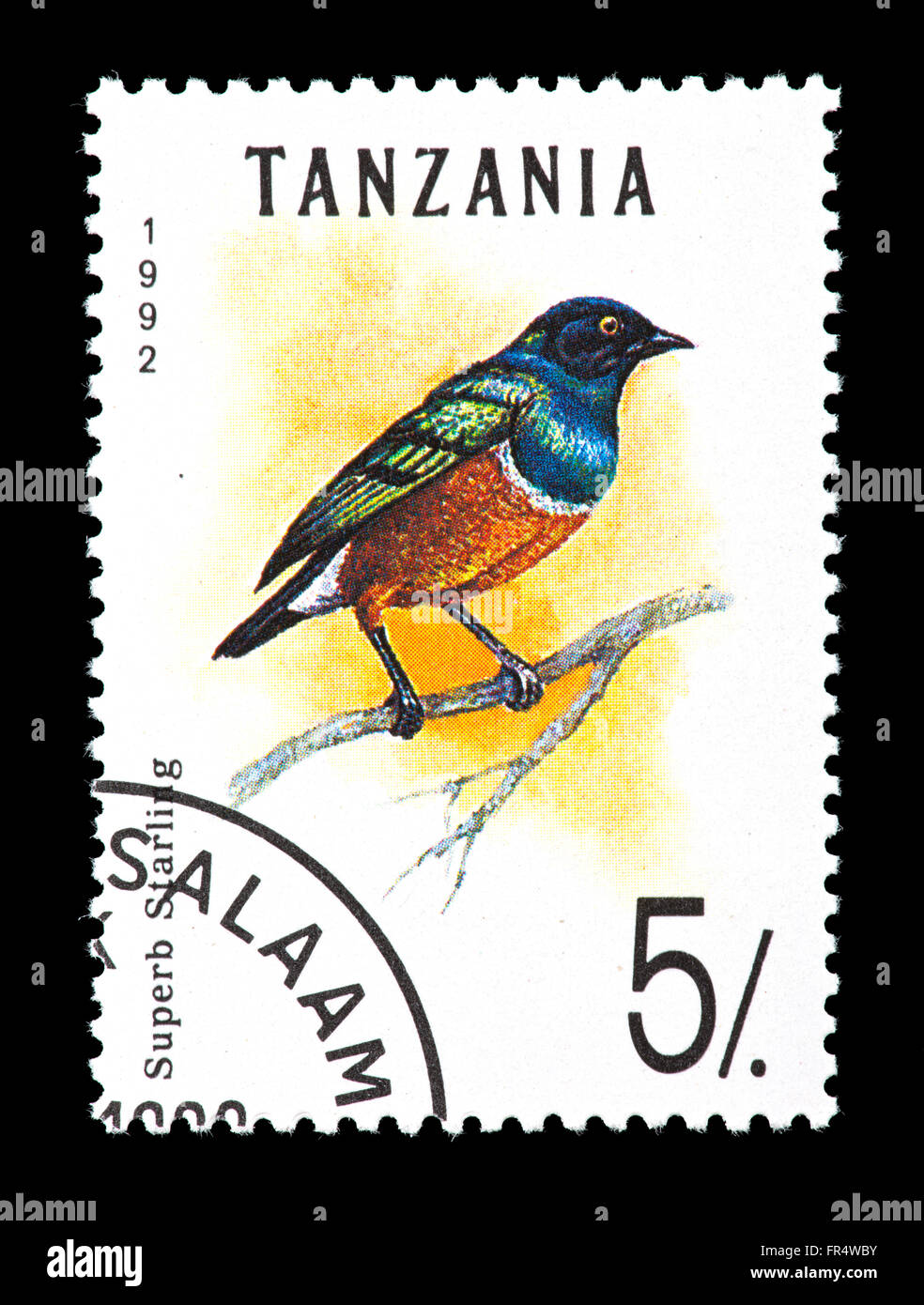 Postage stamp from Tanzania depicting a superb starling (Lamprotornis ...