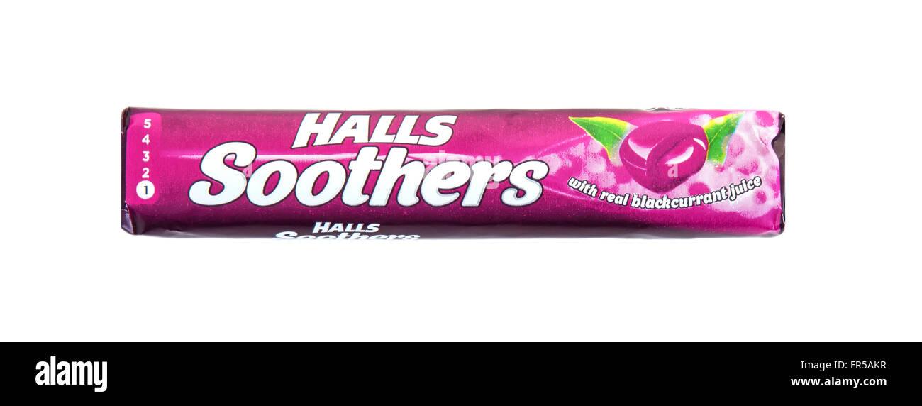 Packet of Halls Blackcurrant Soothers throat sweets on a white ...