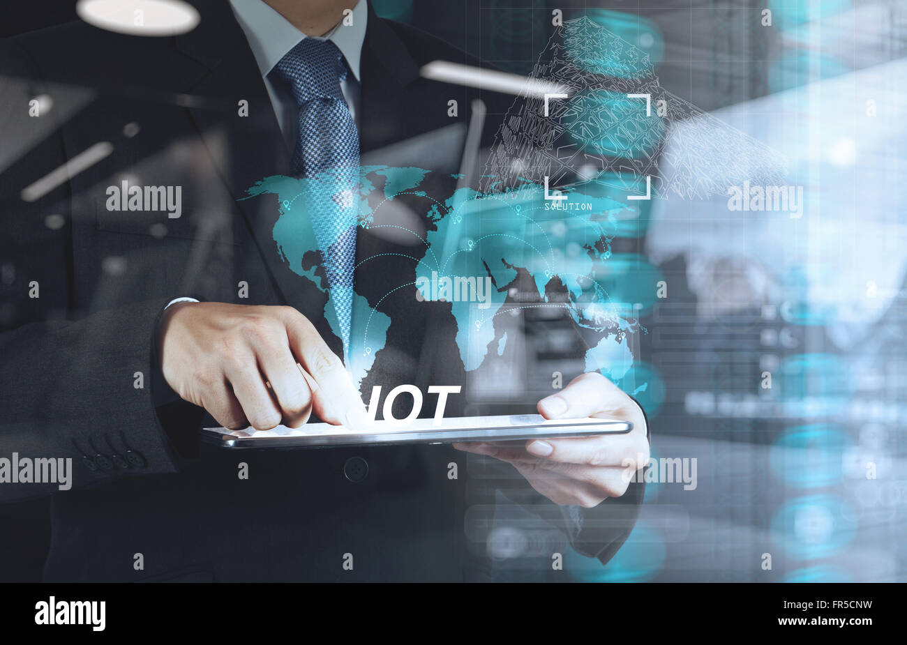 double exposure of hand showing Internet of things (IoT) word diagram ...