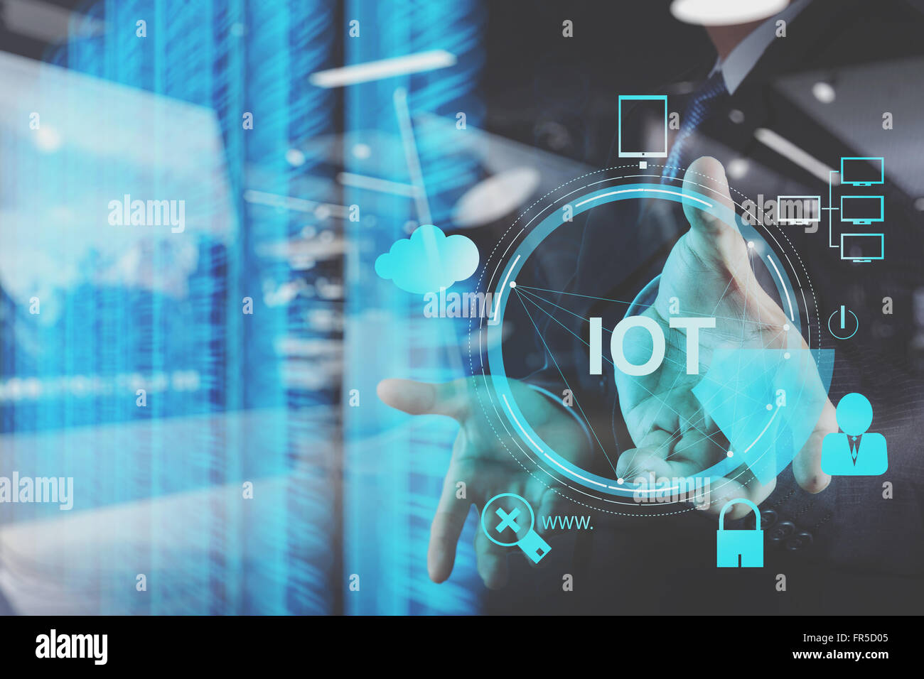 double exposure of hand showing Internet of things (IoT) word diagram ...
