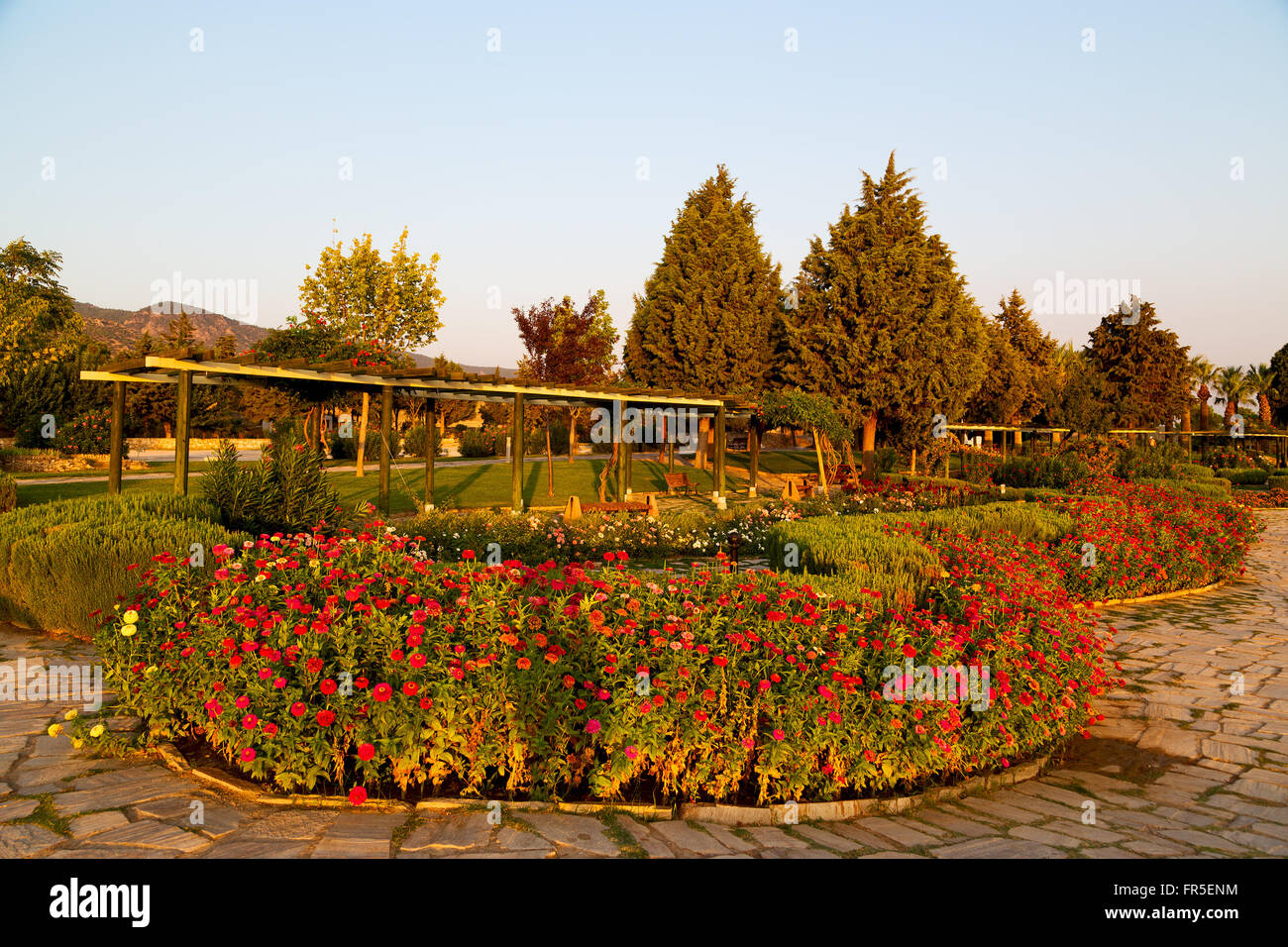 garden in pamukkale turkey trees and flower and the sky Stock Photo - Alamy