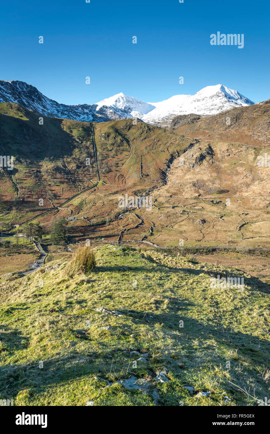 View towards Yr Wyddfa Snowdon mountain Gallt y Wenallt Crib Goch and ...