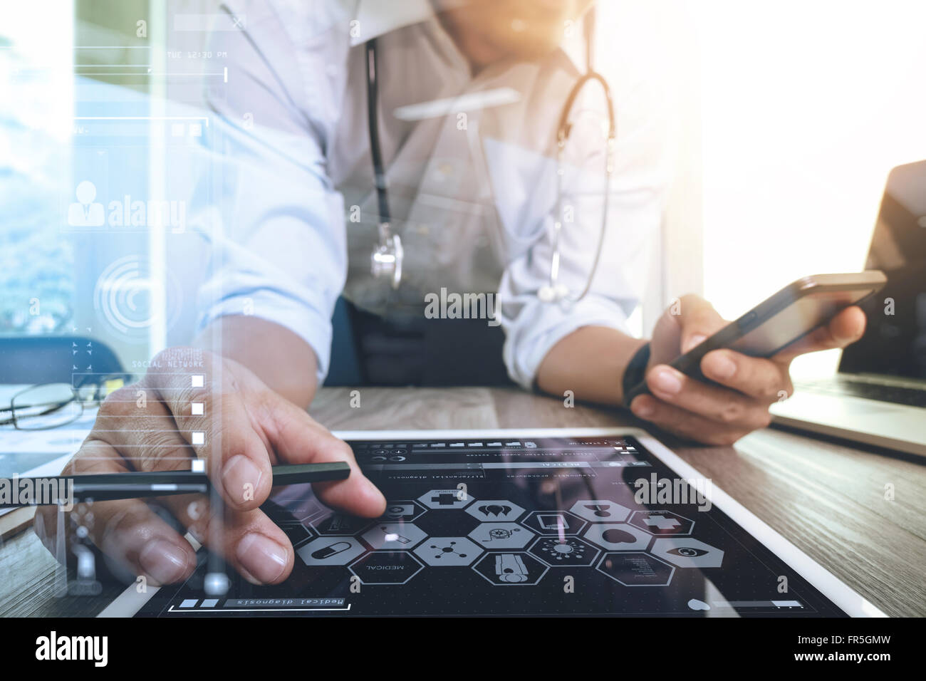 Medicine doctor hand working with modern computer interface and digital ...
