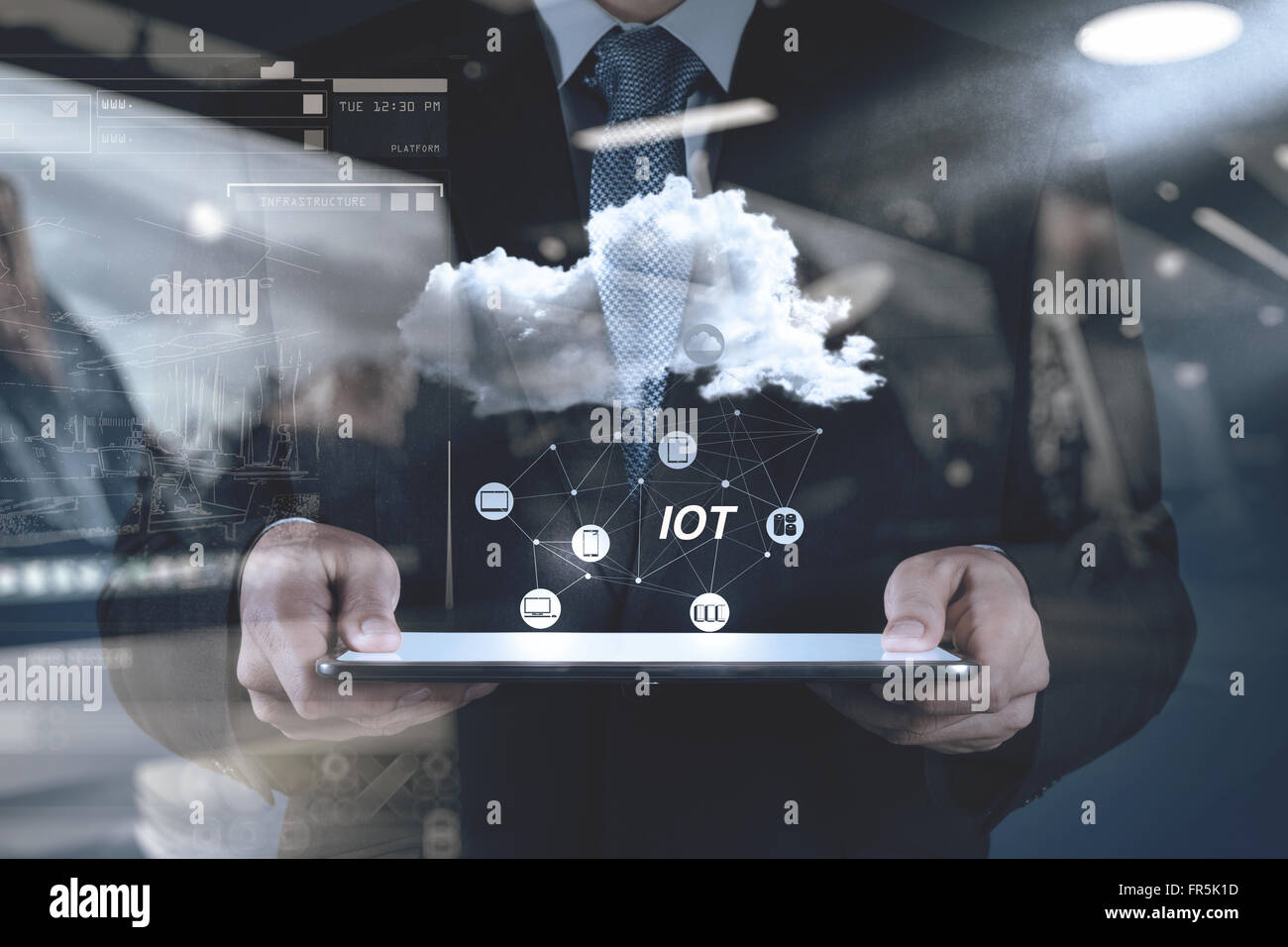 double exposure of hand showing Internet of things (IoT) word diagram ...