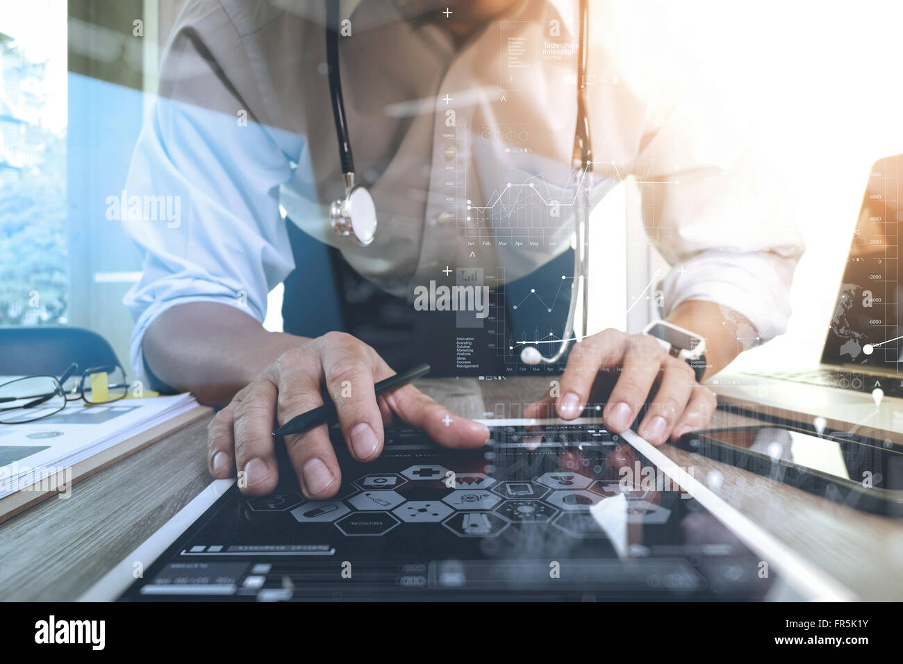 Medicine doctor hand working with modern computer interface and digital ...