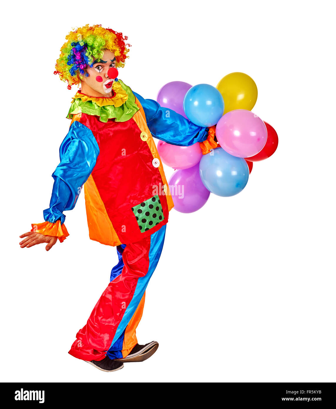 Happy birthday clown holding bunch of balloons Stock Photo - Alamy