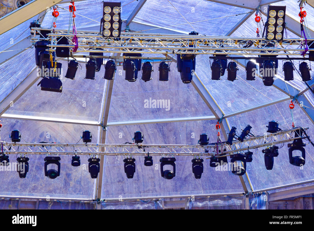 bank of concert stage lights over an outdoor platform Stock Photo - Alamy