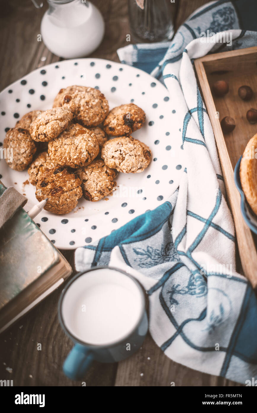 Book, pitcher, oatmeal cookies and a cup of milk on old boards vertical ...