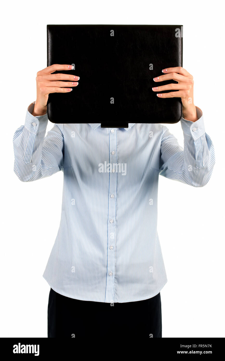 Formally dressed girl covering face Stock Photo - Alamy