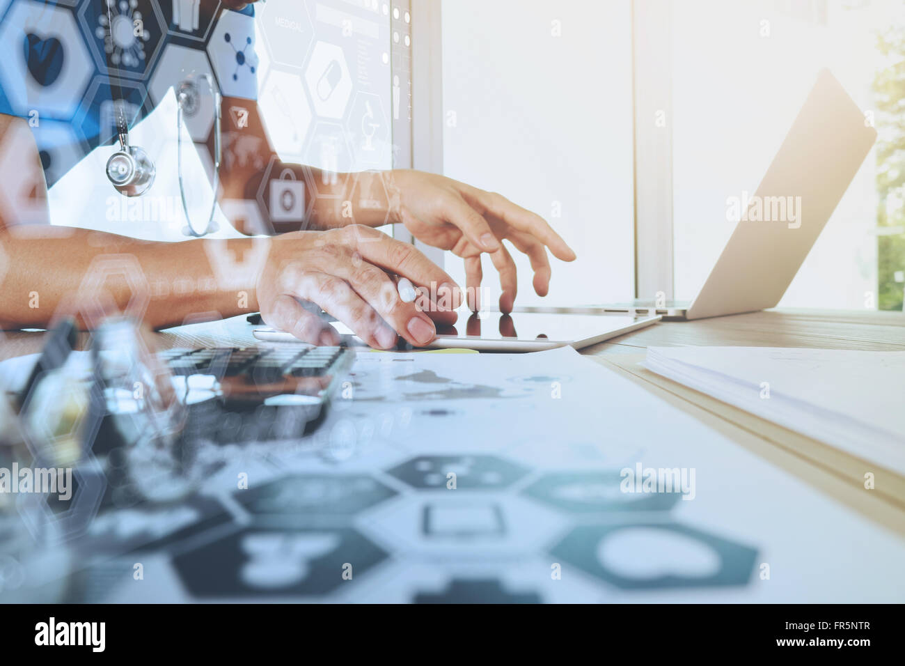 Medicine doctor hand working with modern computer with digital medical ...