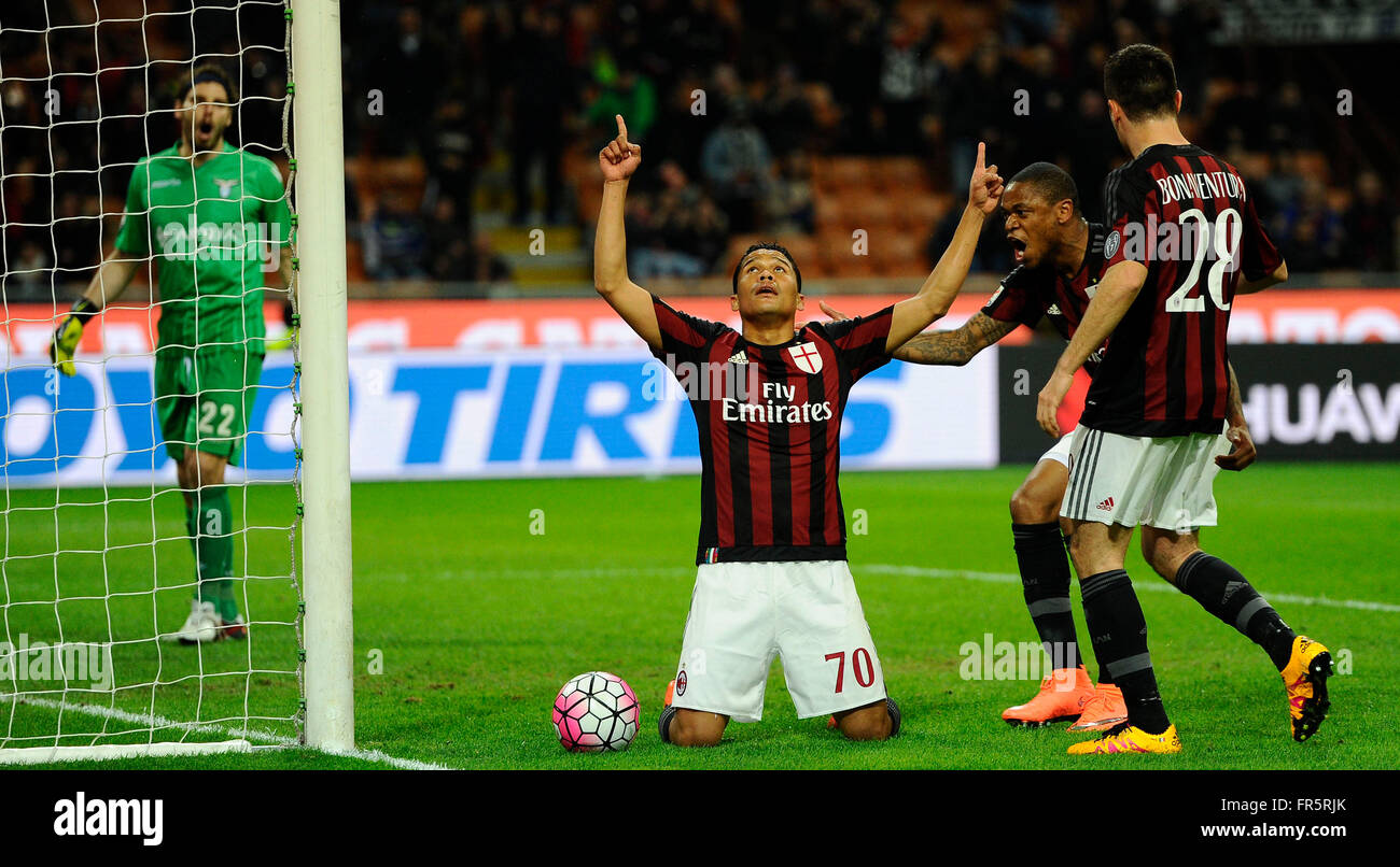 Carlos Bacca of Milan celebrates scoring draw 1-1 with Luiz Adriano and ...