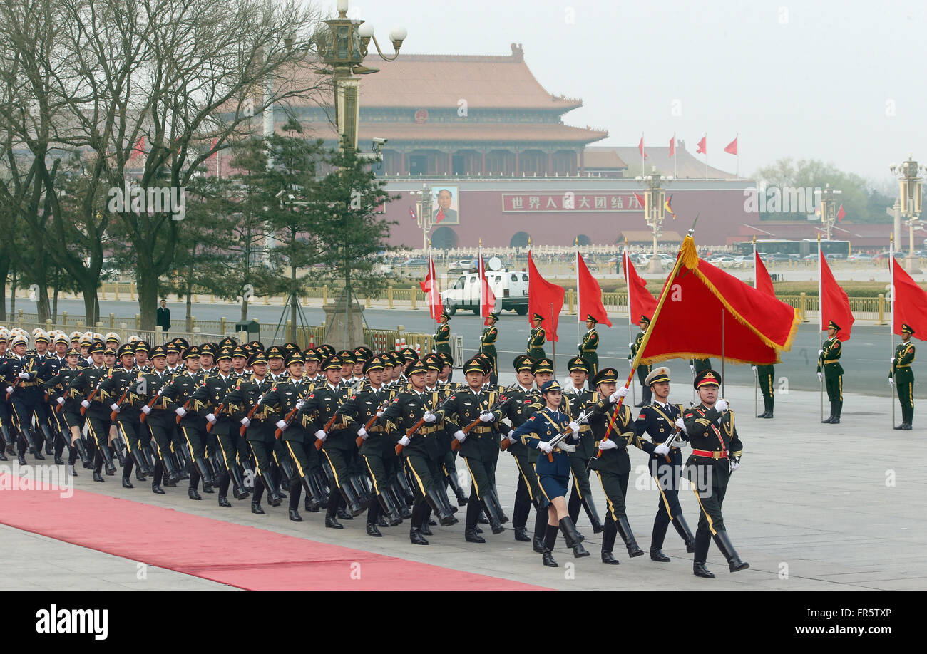 Beijing, China. 21st Mar, 2016. Soldiers of the Chinese army march ...
