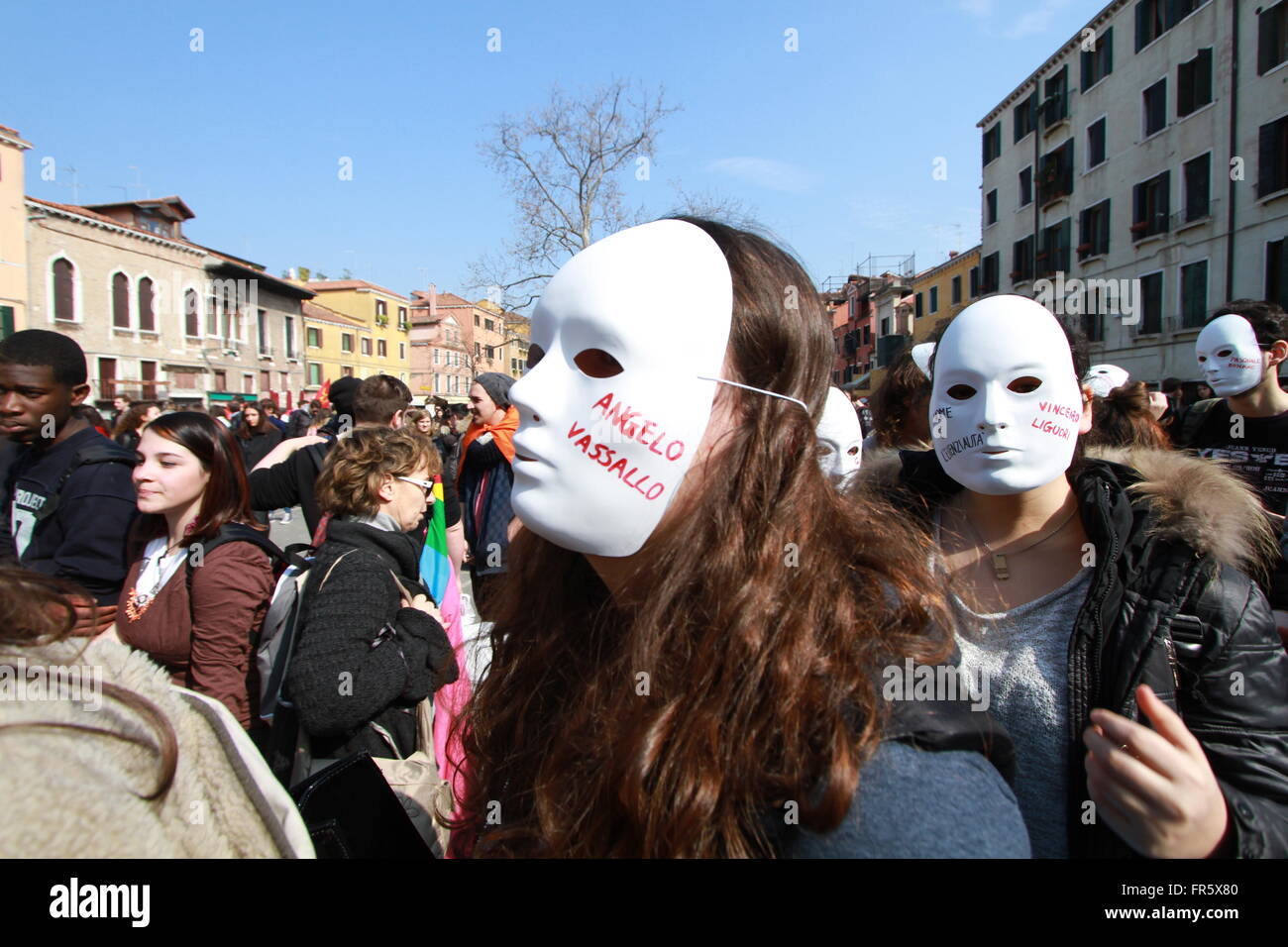 Venice, Italy. 21st Mar, 2016. People with mask with one of the names ...