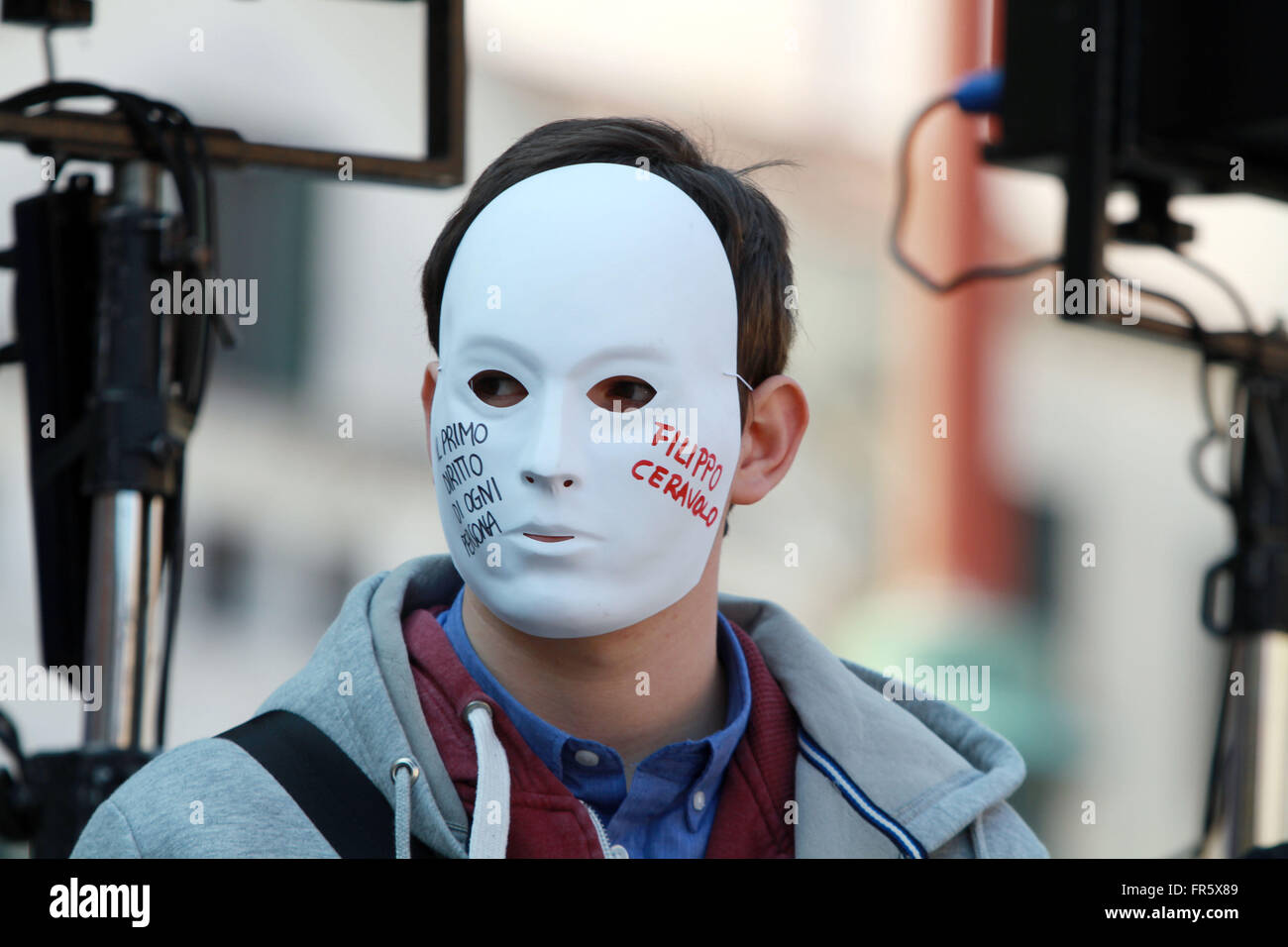 Venice, Italy. 21st Mar, 2016. A student with mask with one of the ...