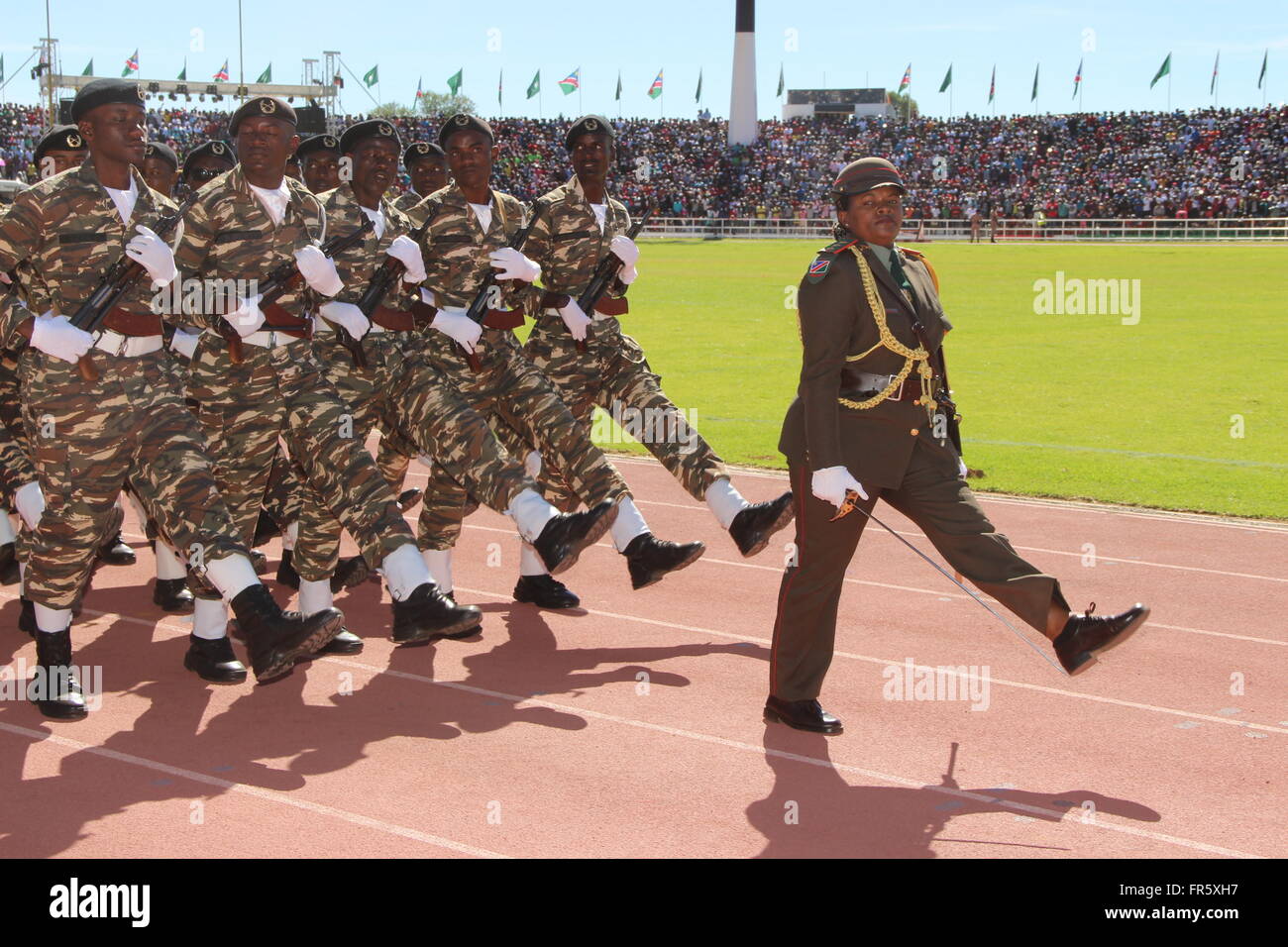 Windhoek, Namibia. 21st Mar, 2016. Soldiers parade at the Independence ...