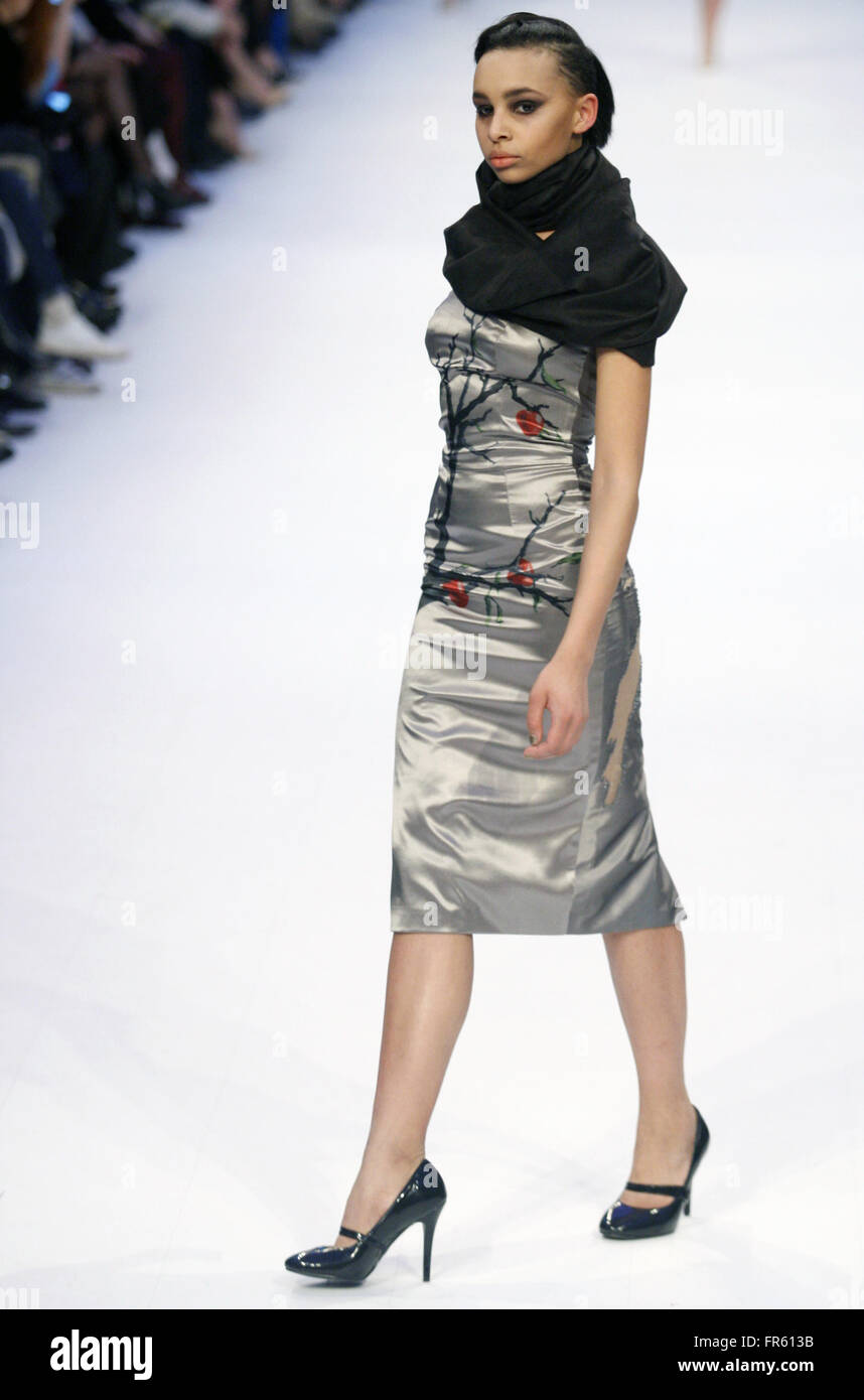A model presents a creation by Ukrainian designer DESSERTS during the ...