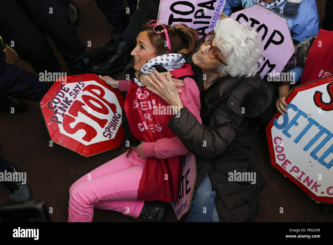 Washington, D.C, USA. 21st Mar, 2016. Ariel Gold is pushed back by the ...