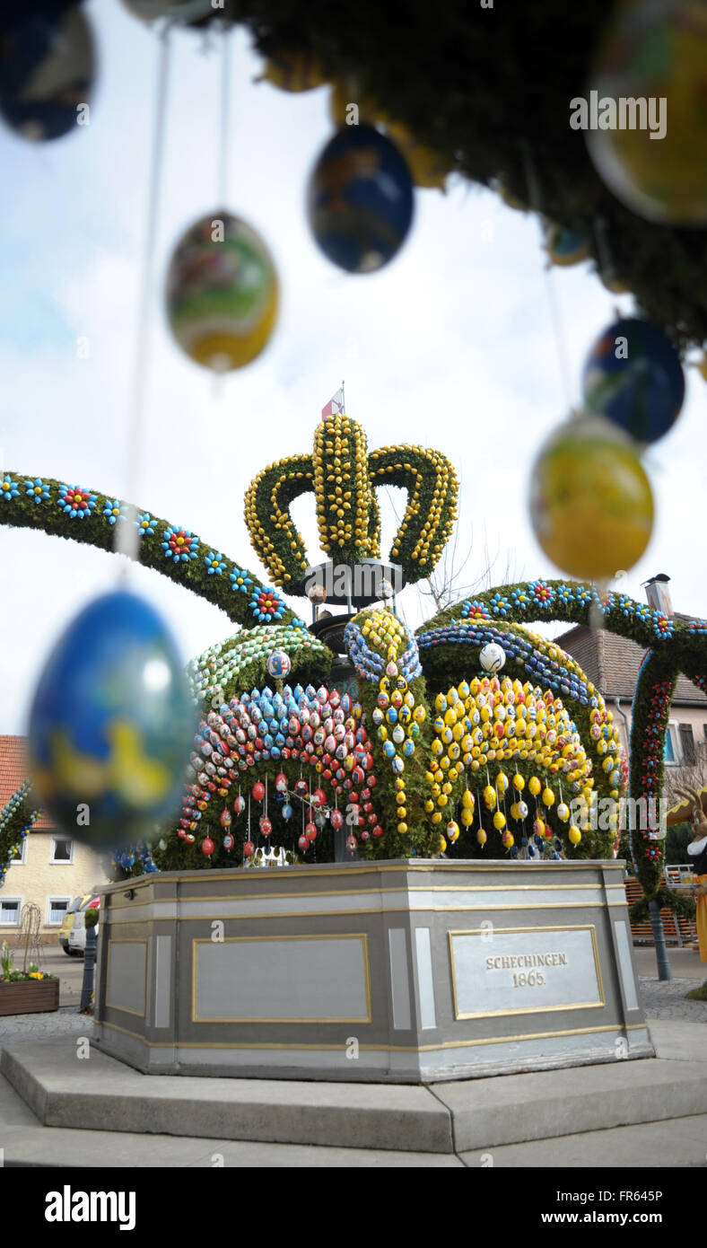 The well of Schechingen decorated with colourful Easter eggs ...