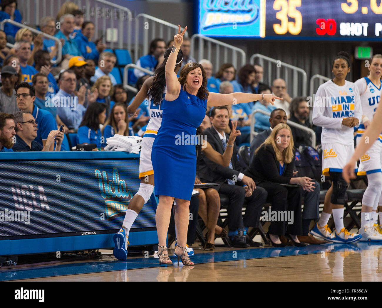 Westwood, CA. 21st Mar, 2016. UCLA head coach Cori Close yells out ...