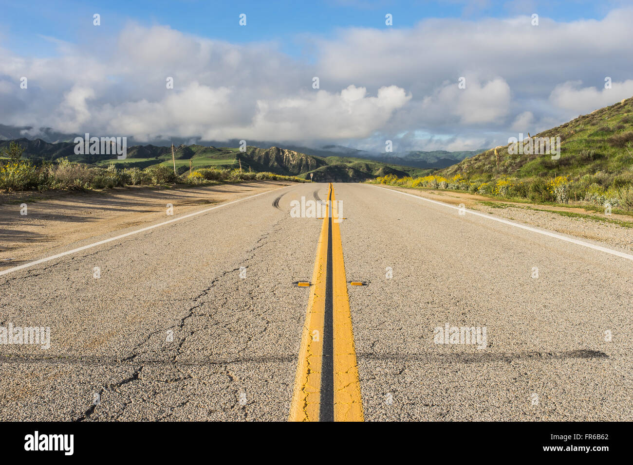 Low view of road leading into California's central valley near Ventura ...