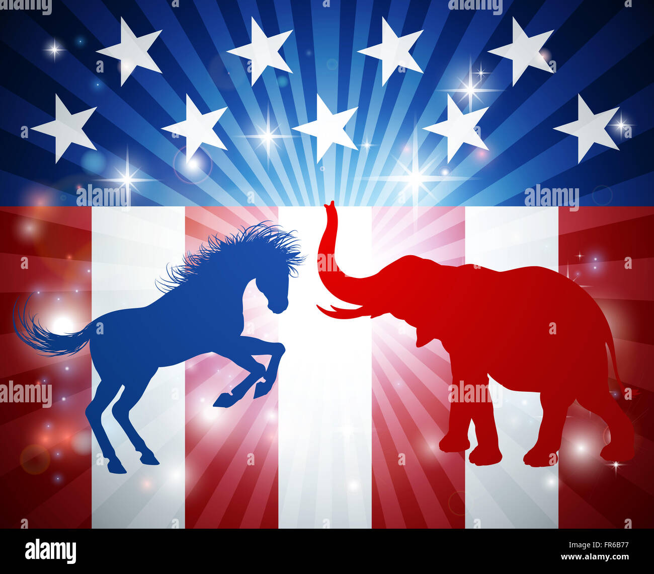 A donkey and elephant in silhouette attacking at each other. Mascot ...