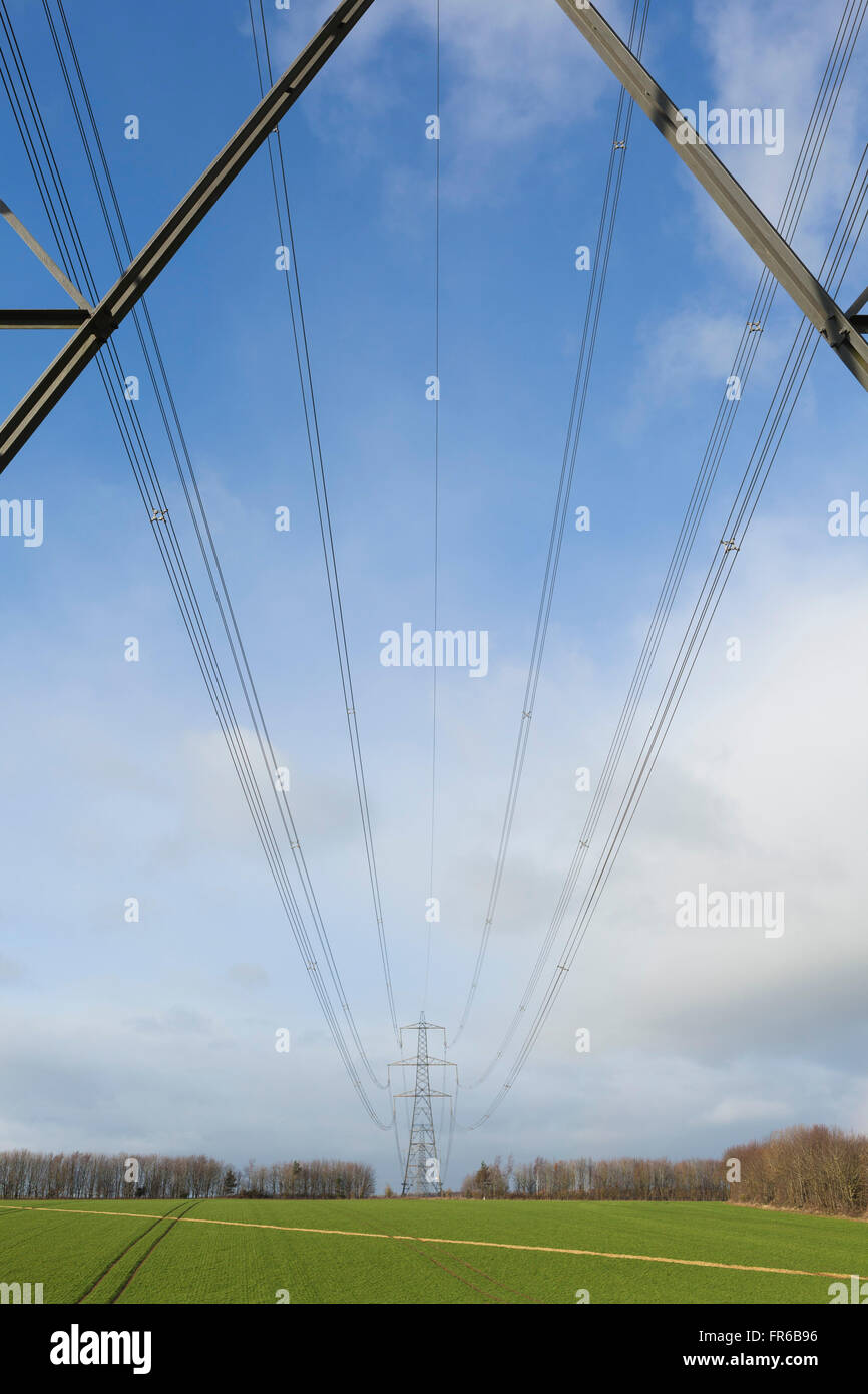 Power lines cross the Bristih countryside carrying electricity to towns ...