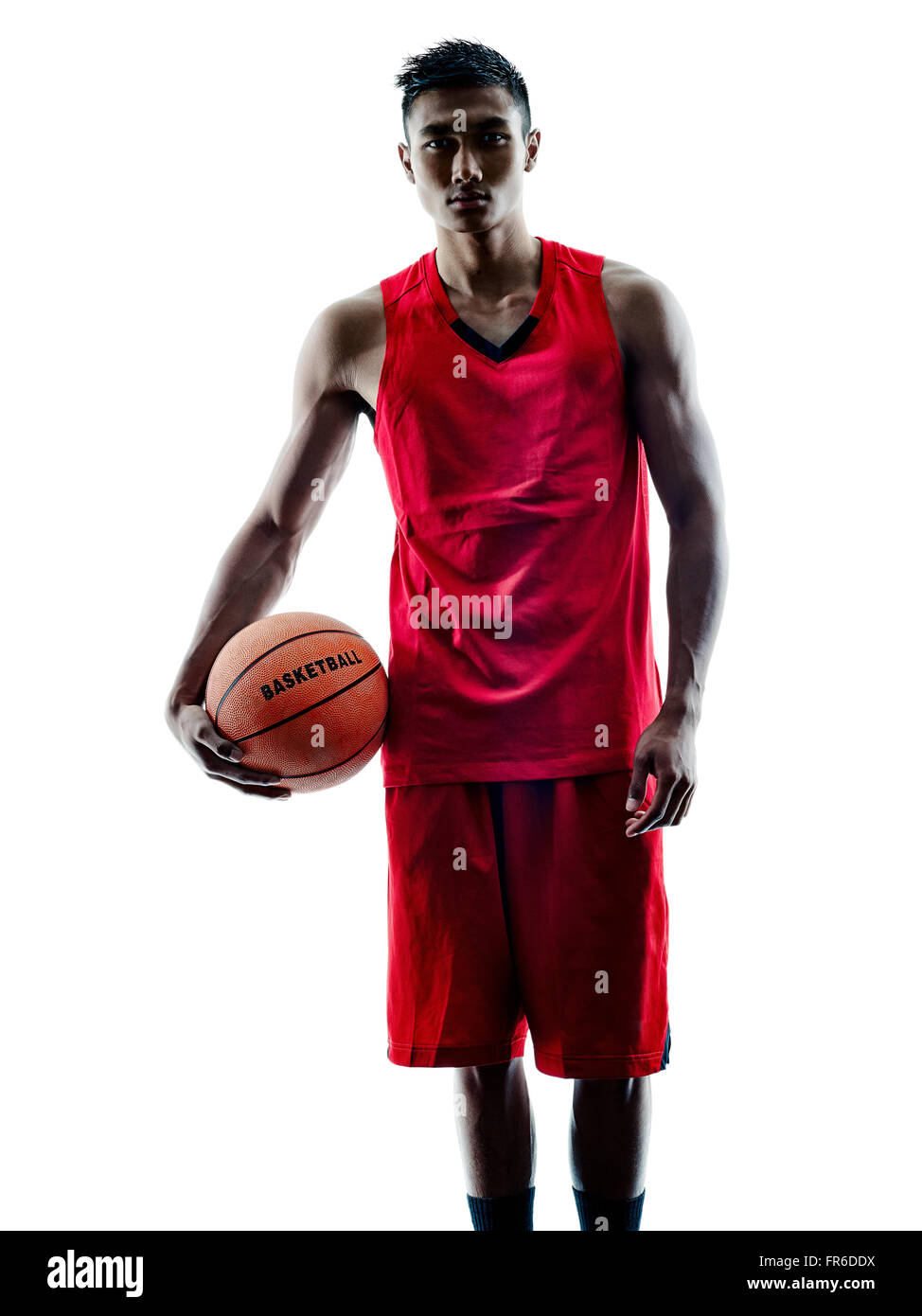 one asian man basketball player isolated in silhouette white background ...