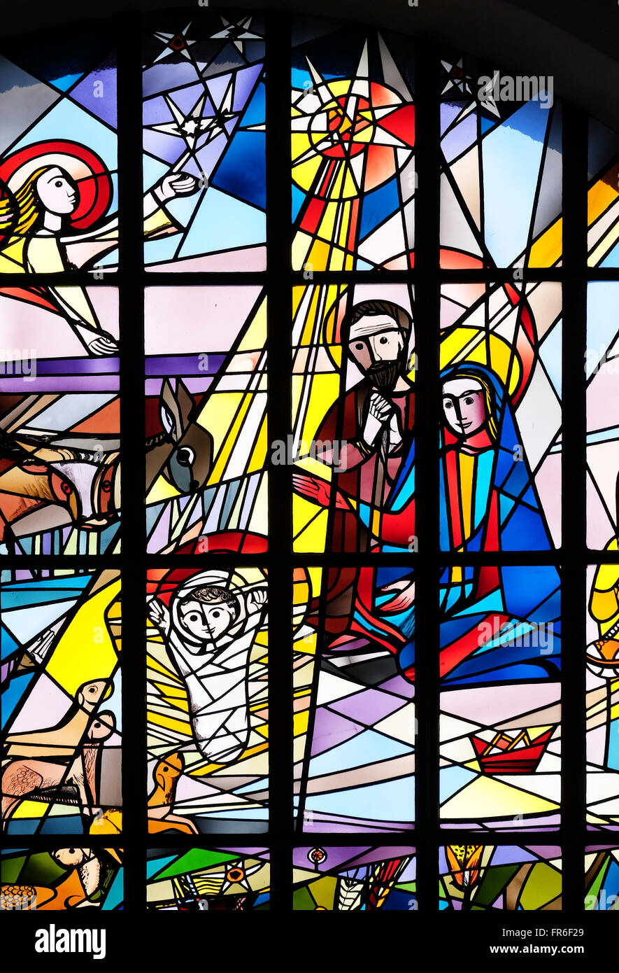 Nativity Scene, stained glass window in the Saint Lawrence church in ...