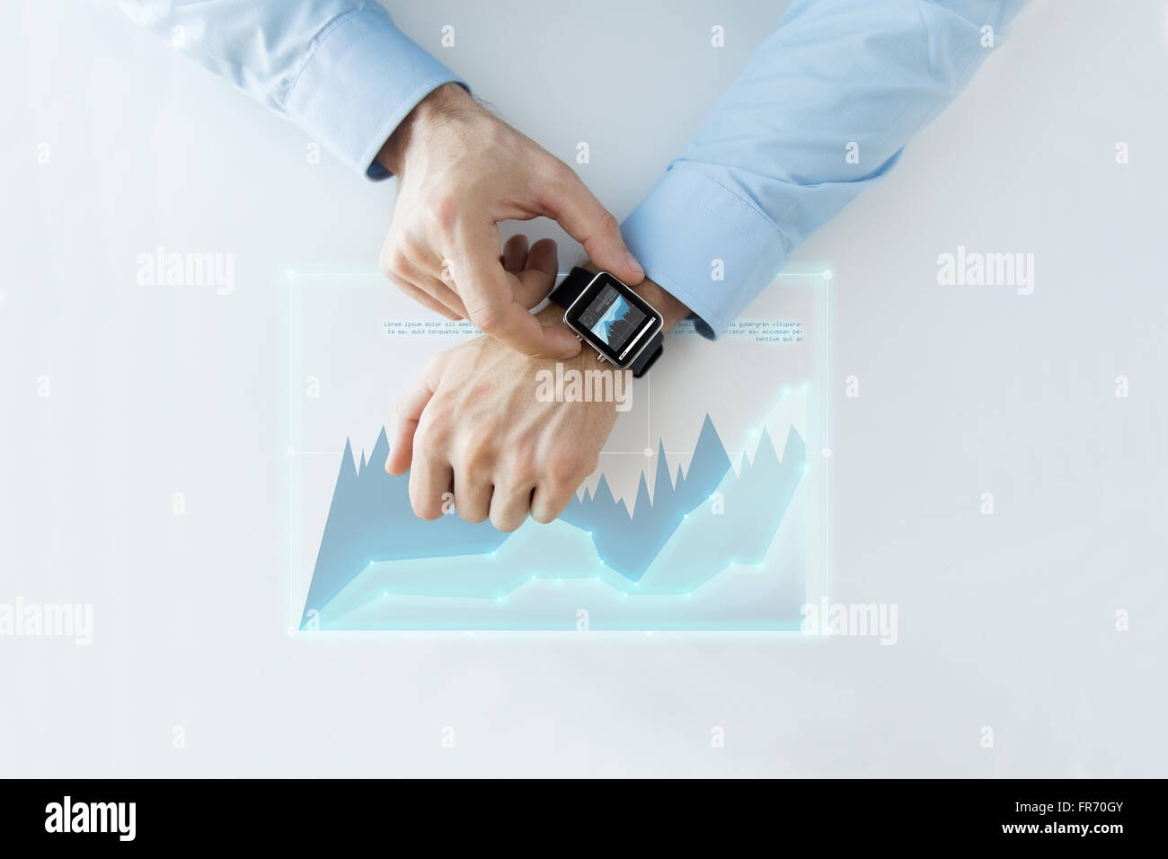 hand with smartwatch and virtual chart projection Stock Photo - Alamy
