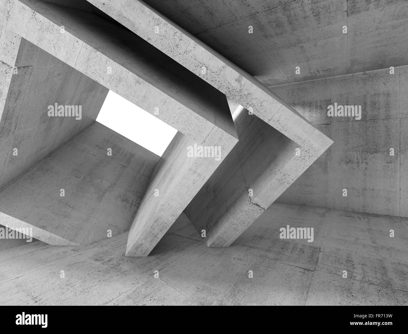 Concrete room with cubic interior structures and white window. Abstract ...