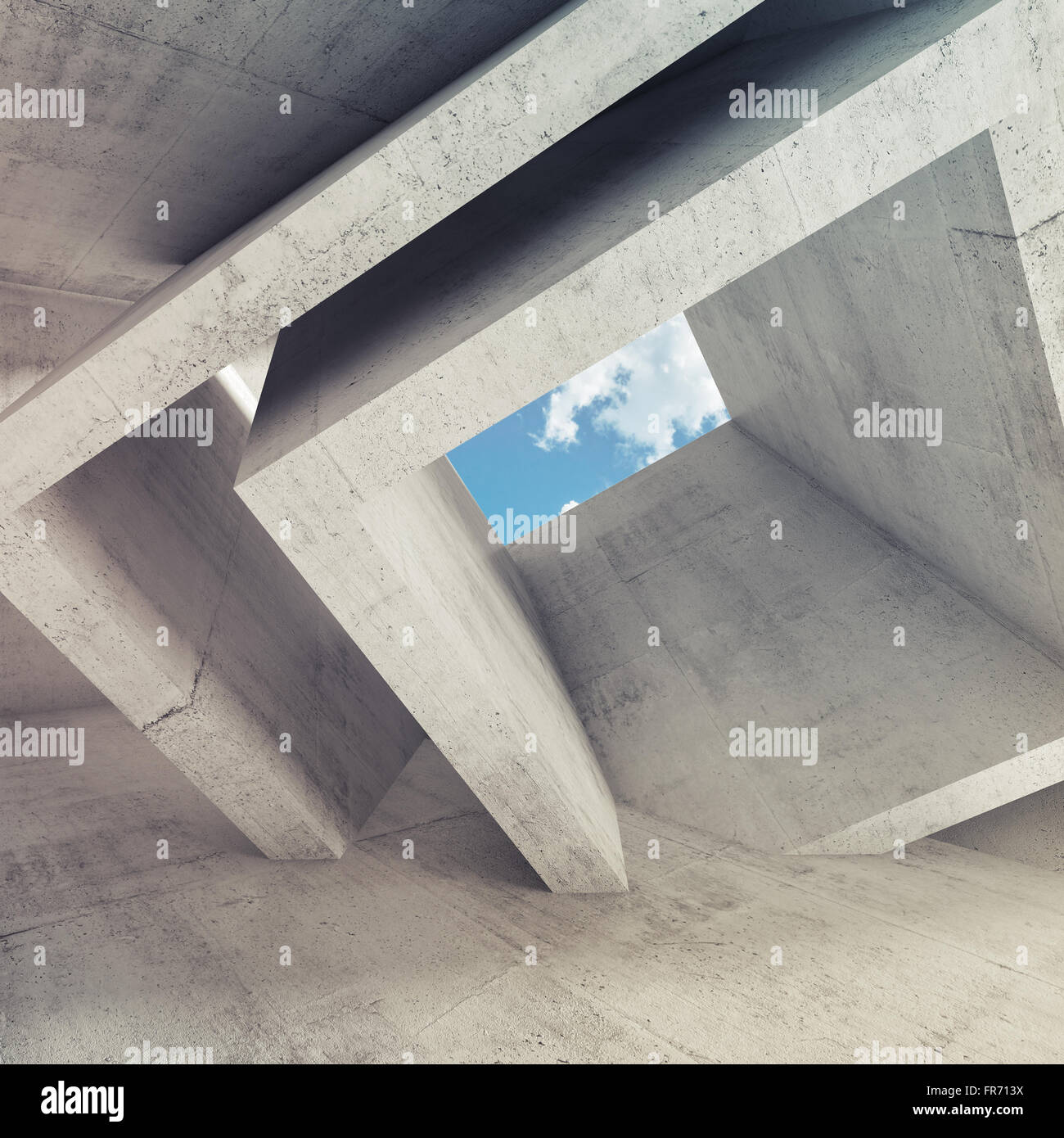 Concrete room interior with cubic structures and blue cloudy sky ...