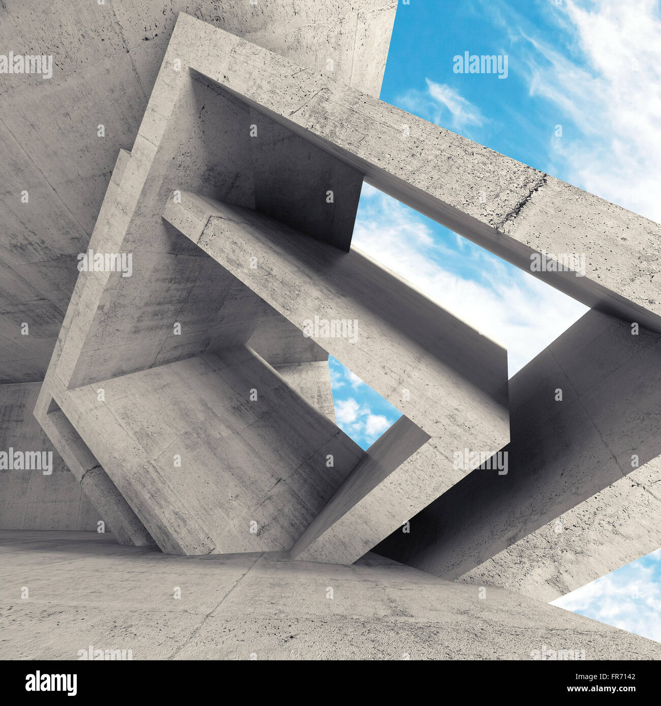 Concrete room interior with chaotic cubic structures and blue cloudy ...